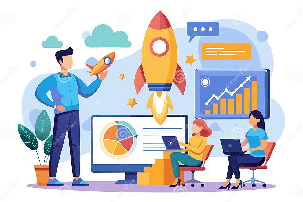 A Data Analyst Presents Rocket Launch Ideas, while Colleagues Engage ...