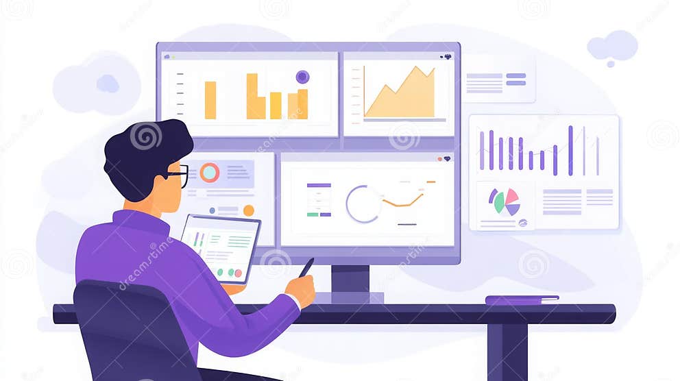 Data Analyst Reviewing Charts and Graphs on Multiple Monitors in a ...