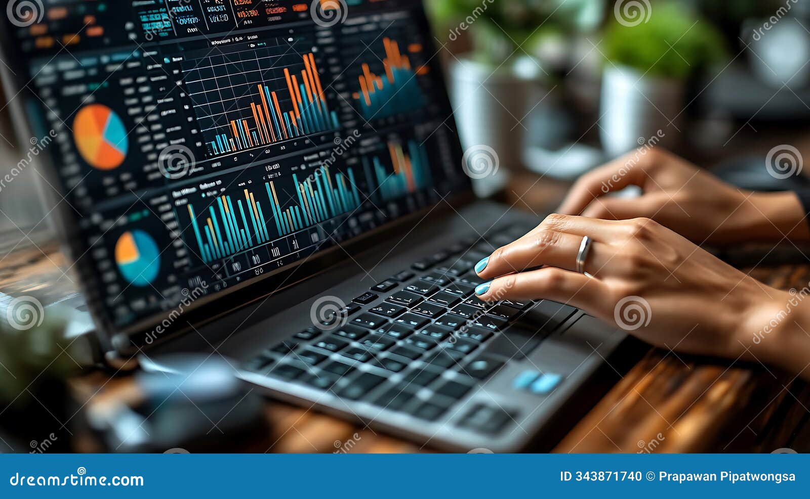 Data Analyst Typing on Laptop, Analyzing Colorful Charts and Graphs ...