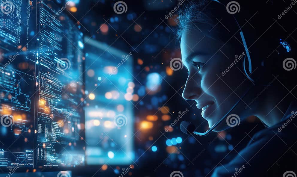 Data Analyst Working with Advanced Technology, Headset, Glowing Screens, Vibrant Digital ...