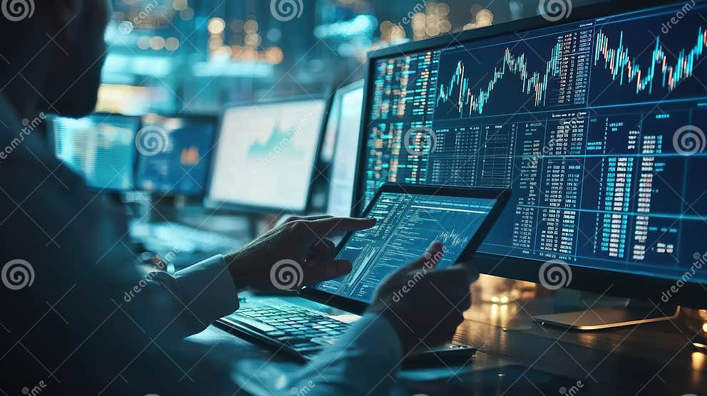 Data Analyst Working Late with Technology Tools and Charts Stock Illustration - Illustration of ...