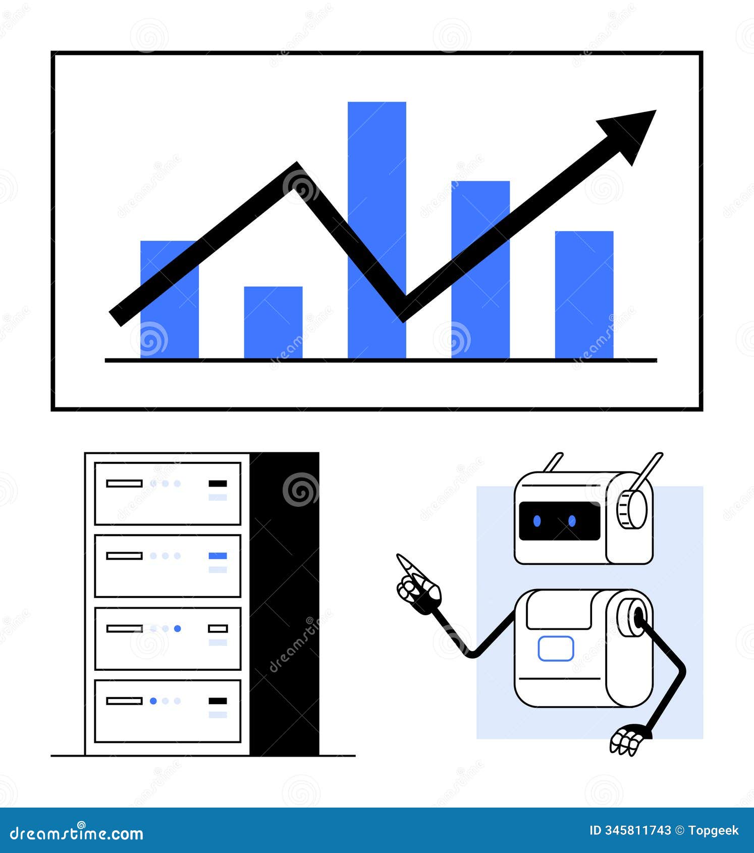 Data Analytics and Automation Server Rack, Growth Chart, Robot Pointing ...