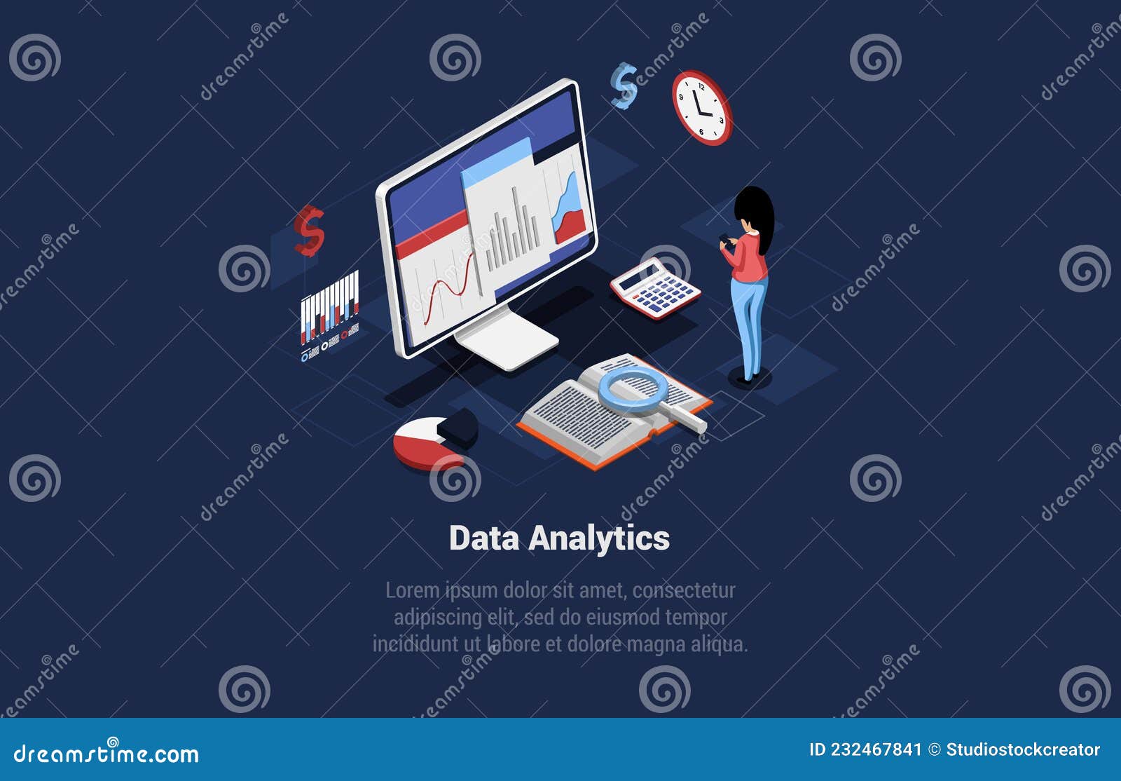 Data Analytics Concept Vector Illustration on Dark Background with ...