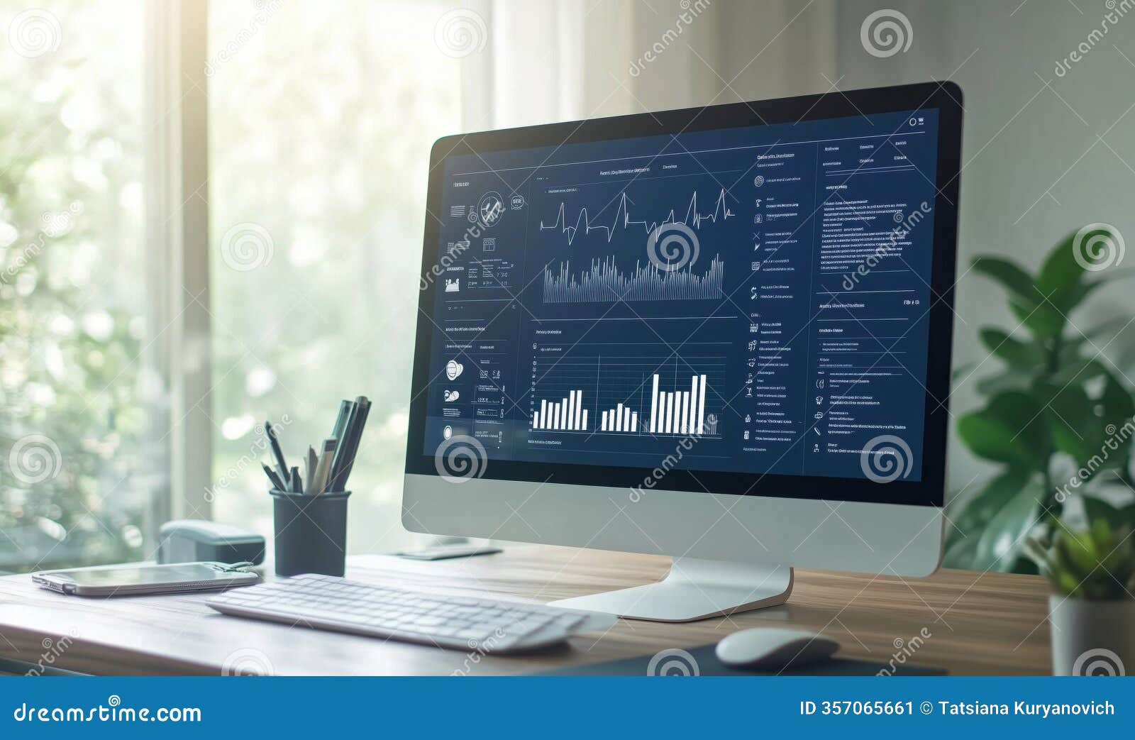 Data Analytics Dashboard on Computer Screen, Modern Workspace with ...
