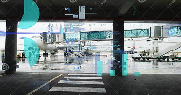 Data Analytics and Graphs Image Over Airport Terminal with Airplane and ...