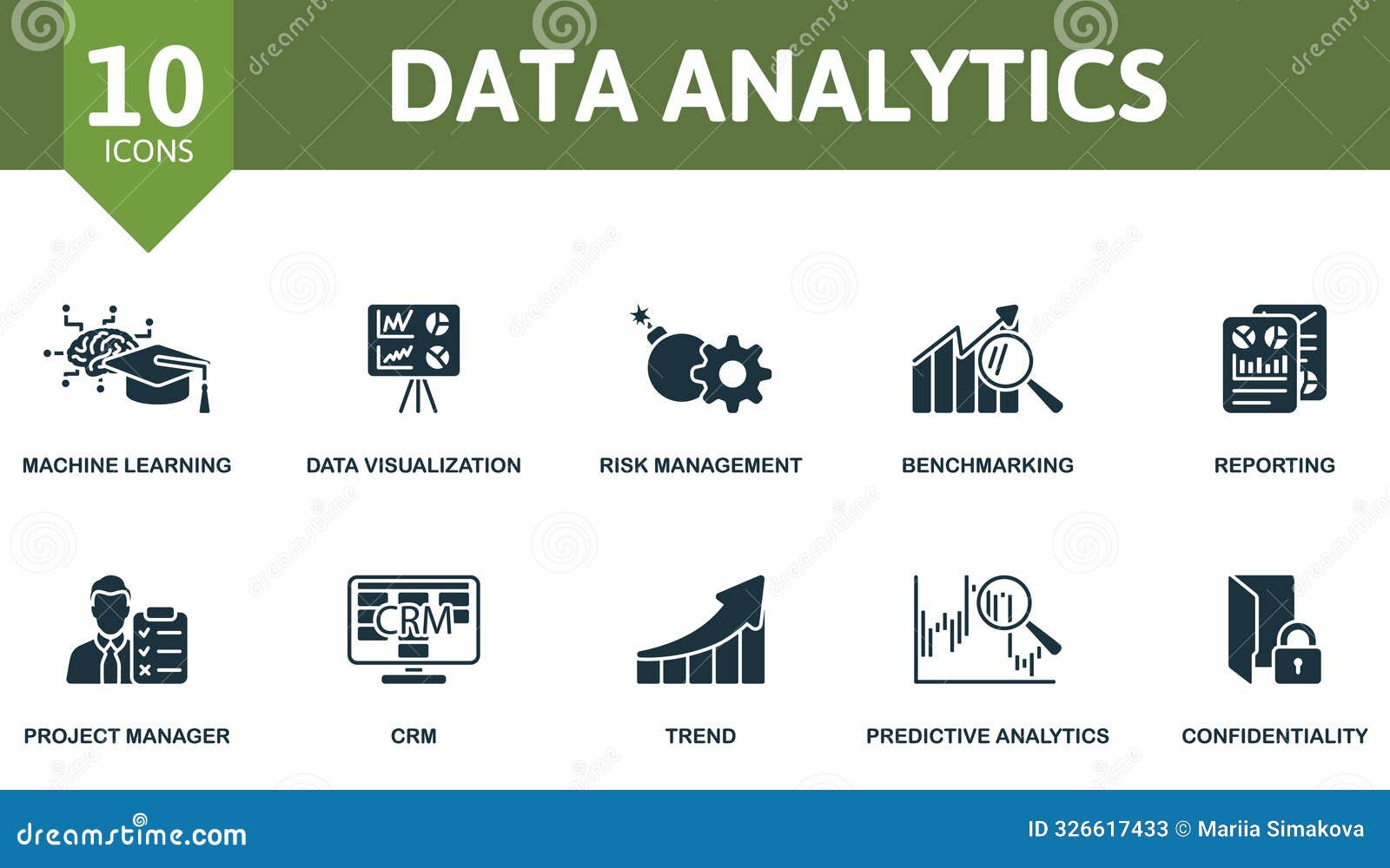 Data Analytics Icon Set. Machine Learning, Data Visualization, Risk Management, Benchmarking ...