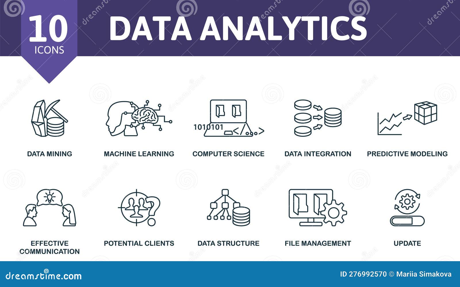 Data Analytics Outline Set. Creative Icons: Data Minig, Machine Learning, Computer Science, Data ...