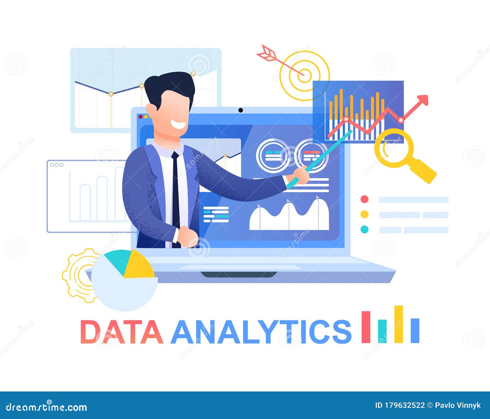 Data Analytics. Young Businessman in Blue Suit Stock Illustration ...