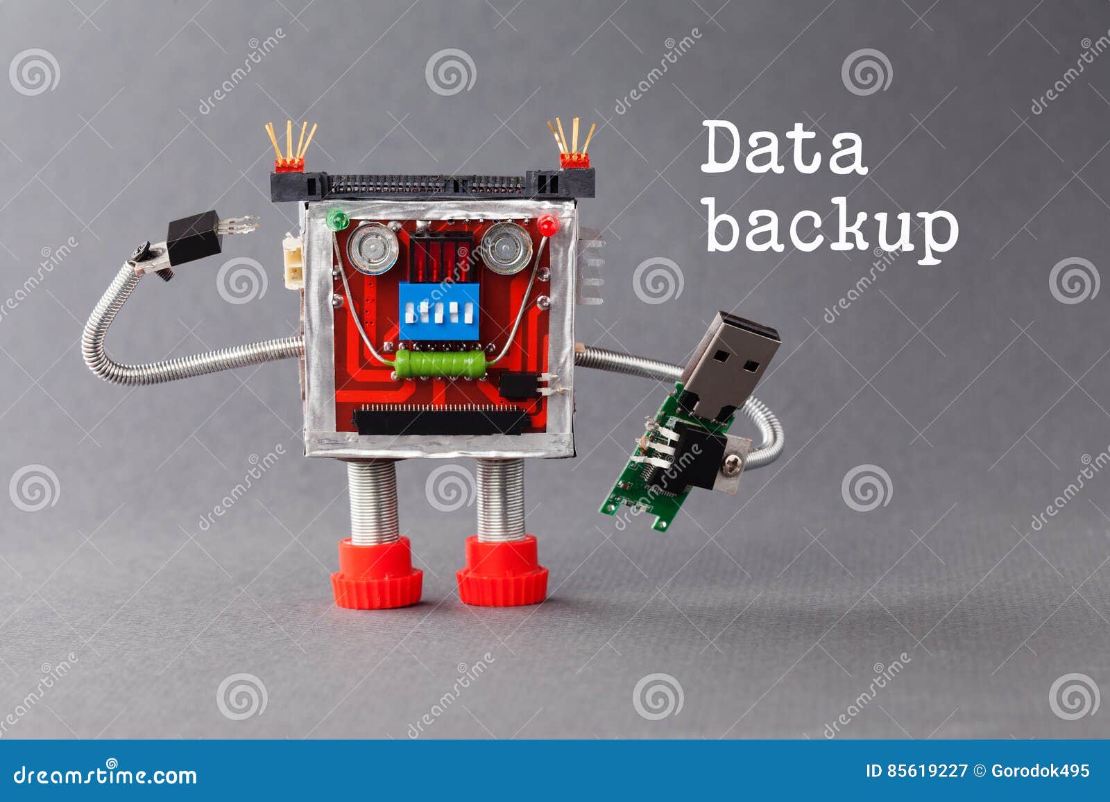 Data Backup Concept. Robotic Character with Portable Usb Device Flash ...