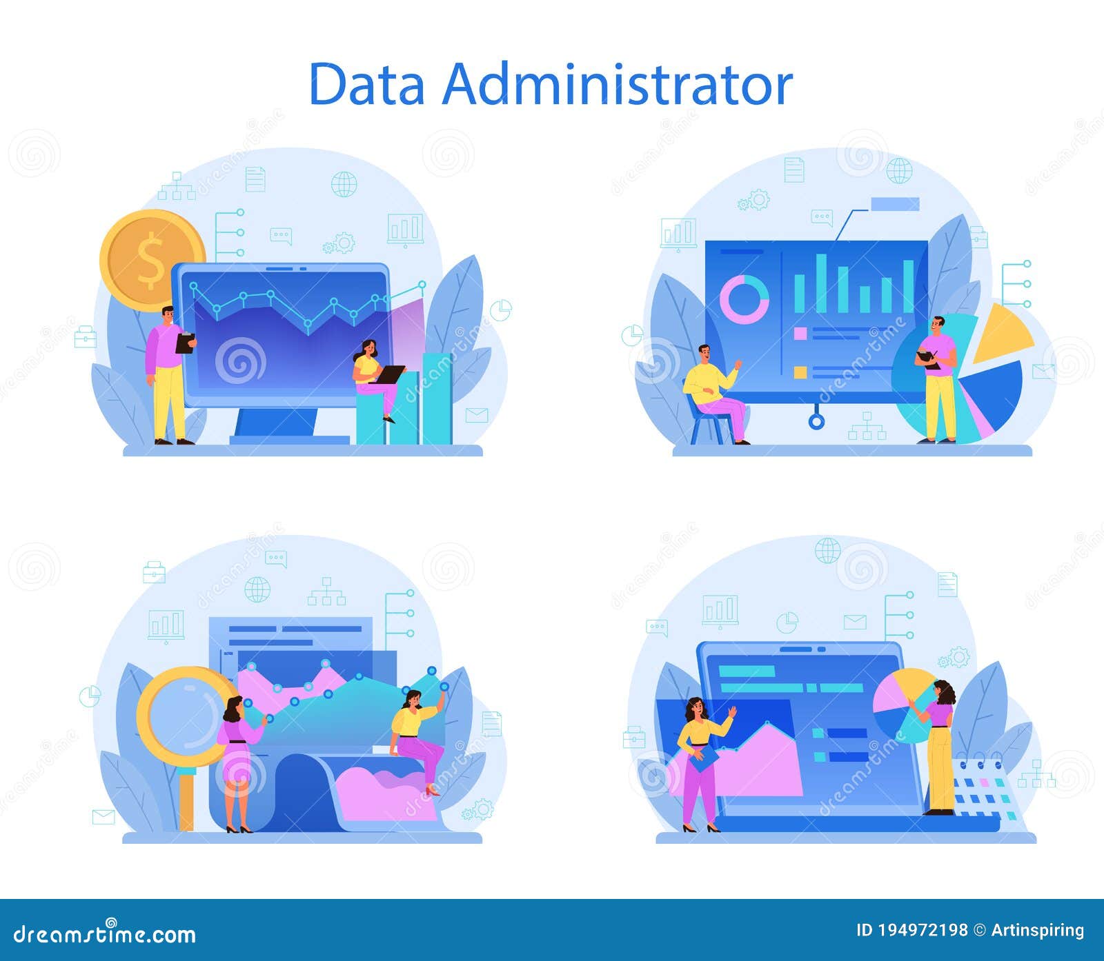 Data Base Administrator Concept Set. Female and Male Character Working ...