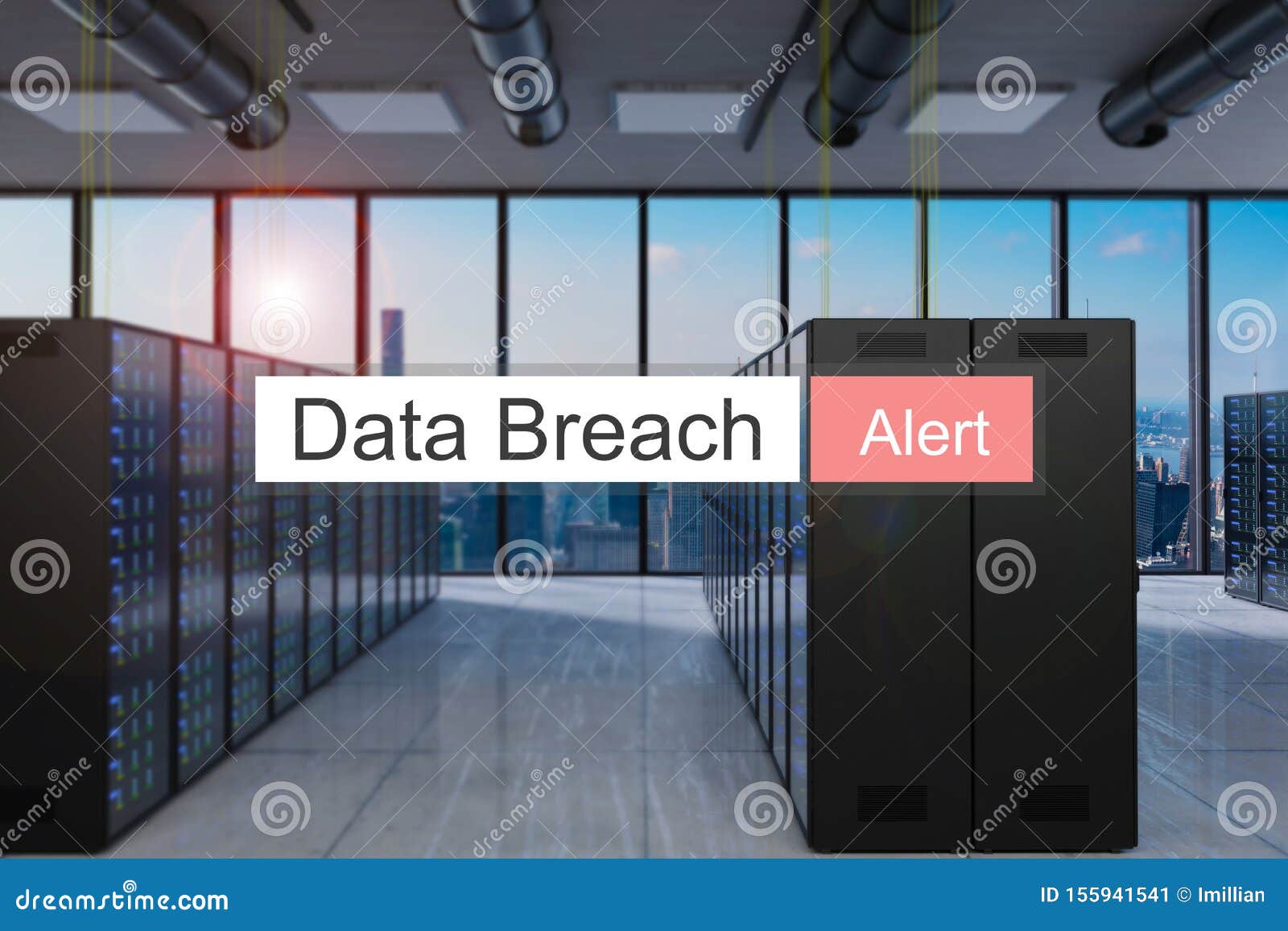 Data Breach in Red Search Bar Large Modern Server Room Skyline View, 3D ...