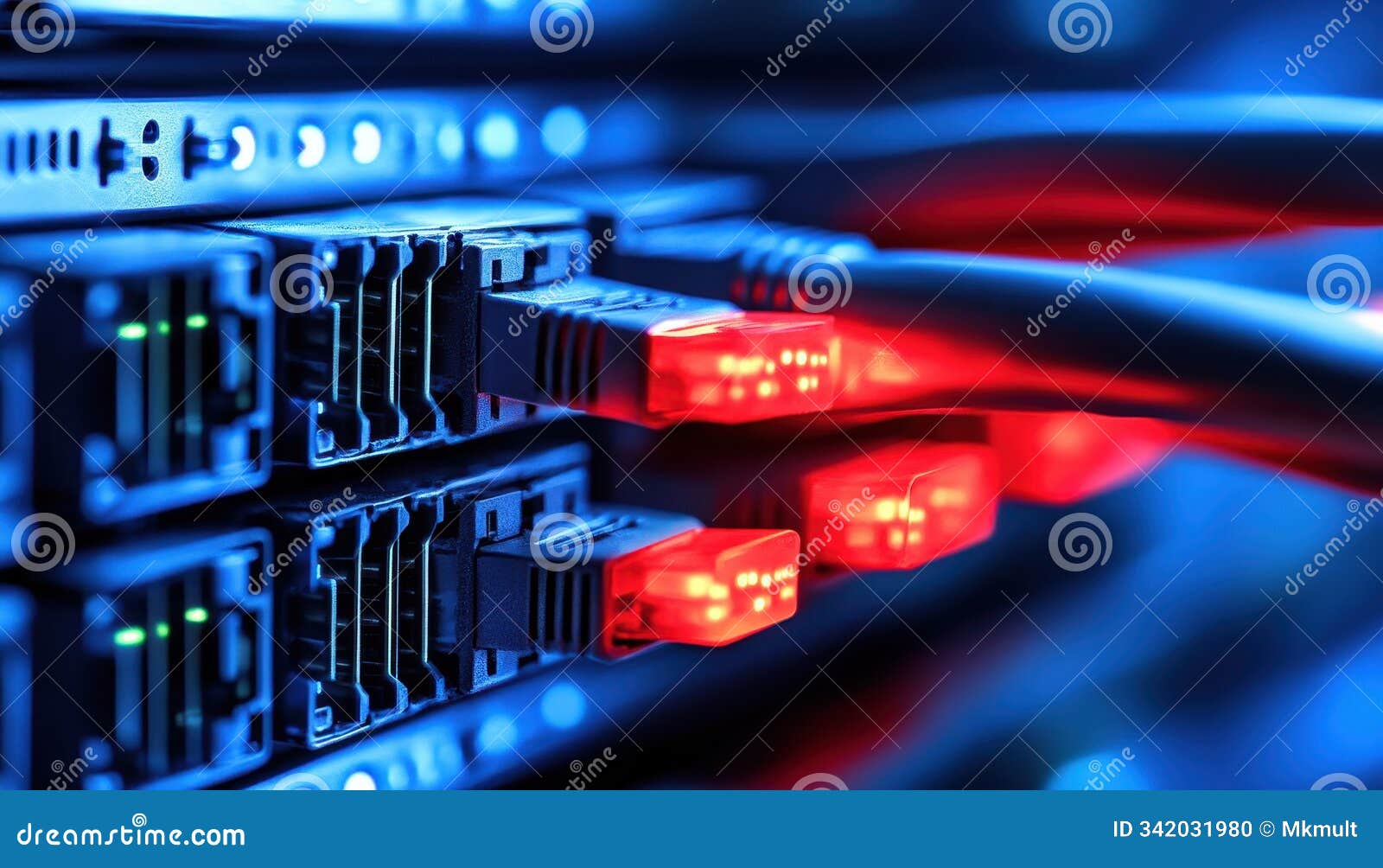 Data Cables Transmitting Information in a Server Setup with Blue ...