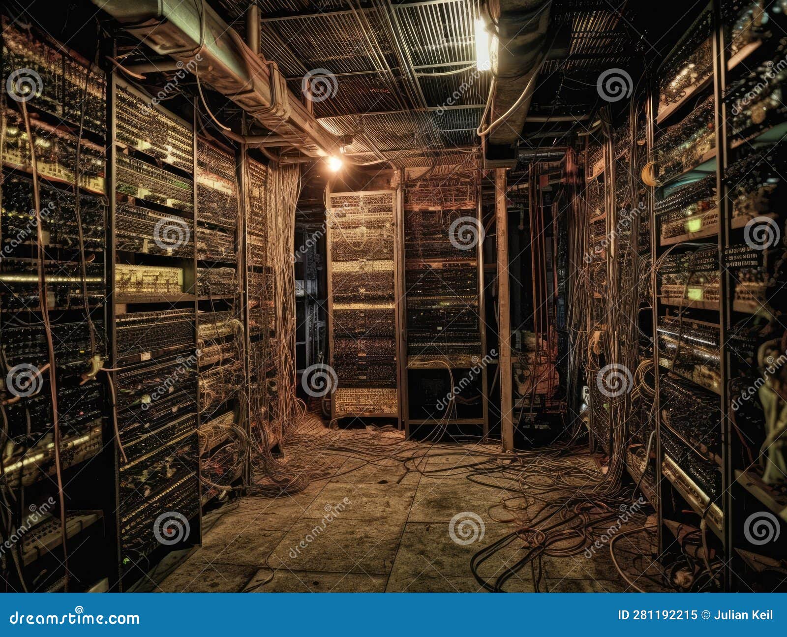 Dark Basement with Numerous Server Racks Stock Illustration ...