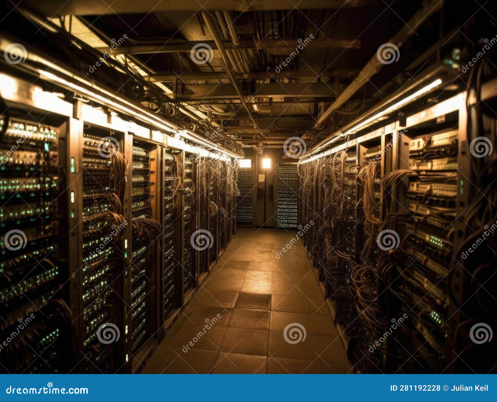 Dark Basement with Numerous Server Racks Stock Illustration ...