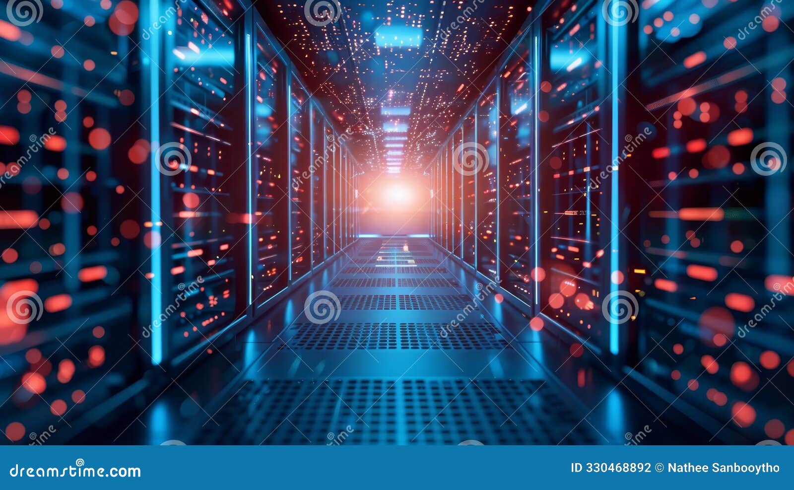 Data Center Aisle with LED-Lit Servers Stock Illustration ...