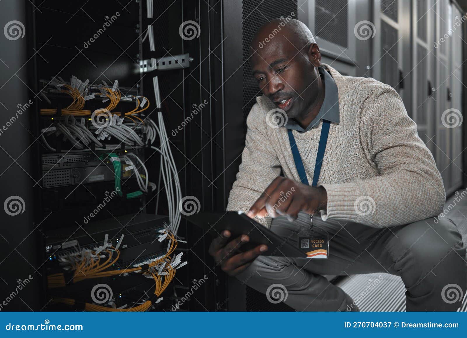 Data Center or Black Man on Tablet in Server Room on Database ...