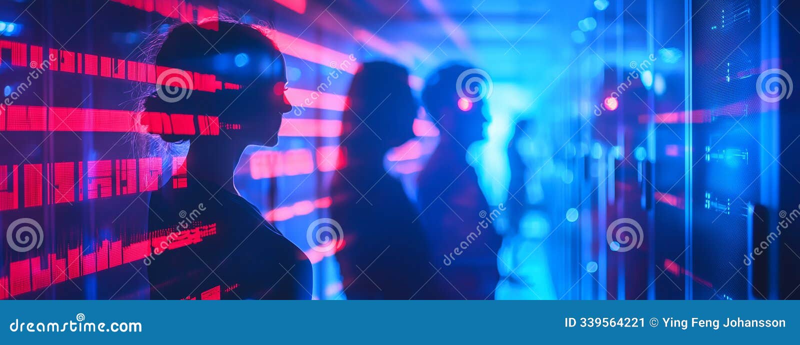 A Data Center On Blue Neon Background, Overlaid With A Group Of Diverse ...