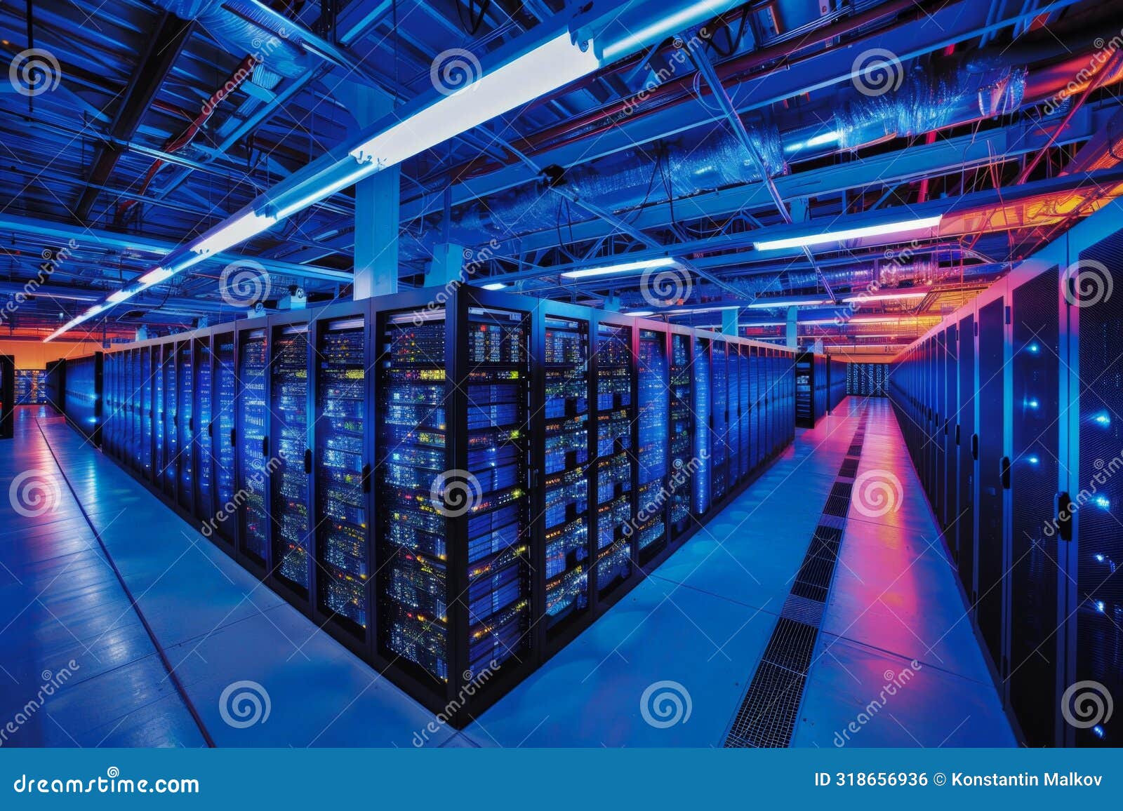 Rows of Servers Fill a Long Building Hallway in a Data Center Stock ...