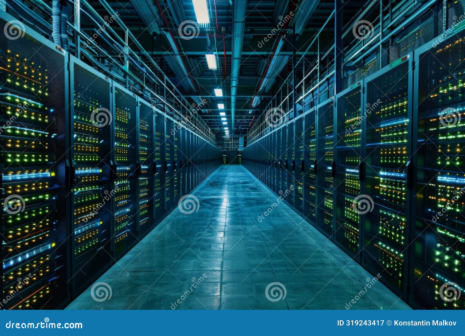 Rows of Servers Fill a Long Building Hallway in a Data Center Stock ...
