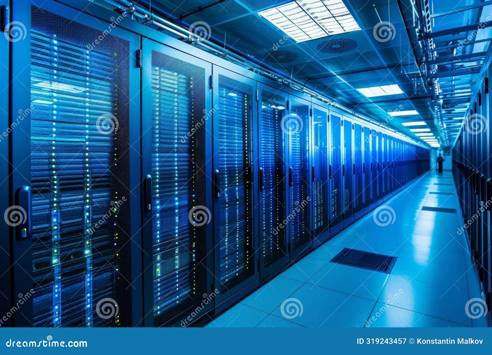 Rows of Servers Fill a Long Building Hallway in a Data Center Stock ...