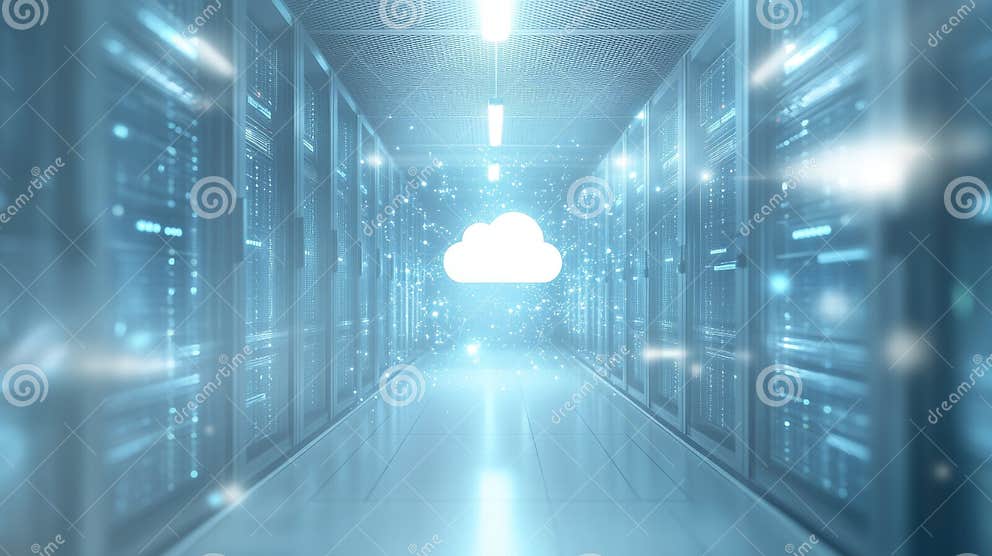 In a Data Center, a Cloud Symbol Above Server Racks Represents Hybrid ...