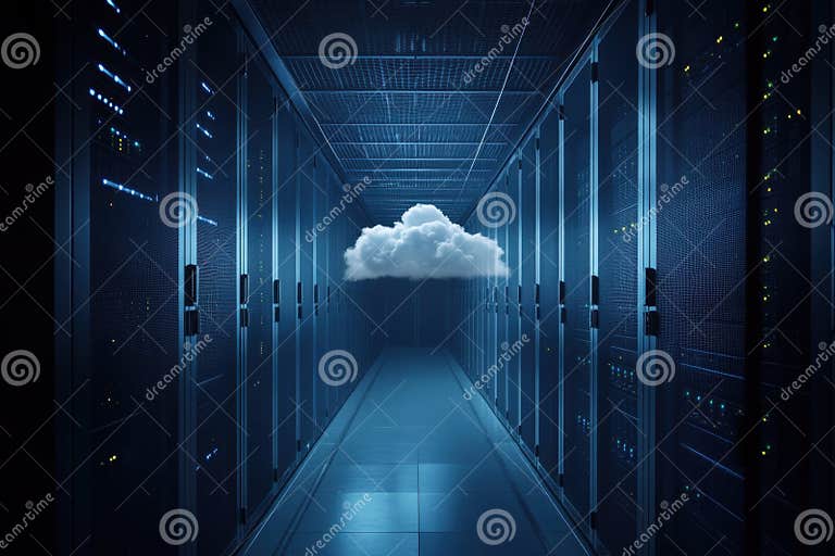 Data Center Corridor with Cloud Computing Concept Illuminated in Blue ...