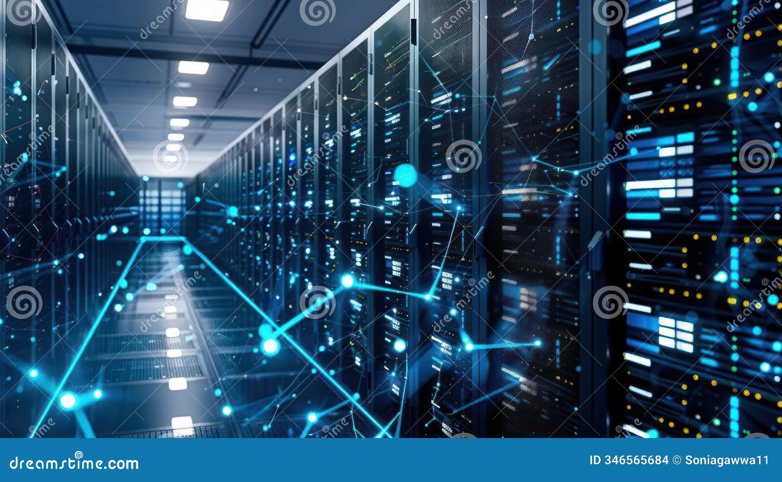 A Data Center Corridor Filled with Server Racks and Digital Network ...