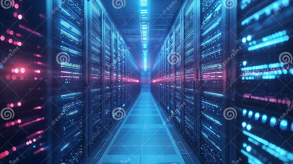 Data Center Corridor with Glowing Blue and Pink Server Lights Stock ...