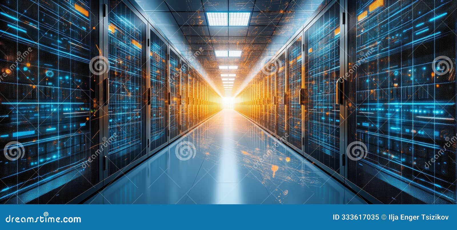Data Center Corridor with Glowing Server Racks and Bright Light at the ...