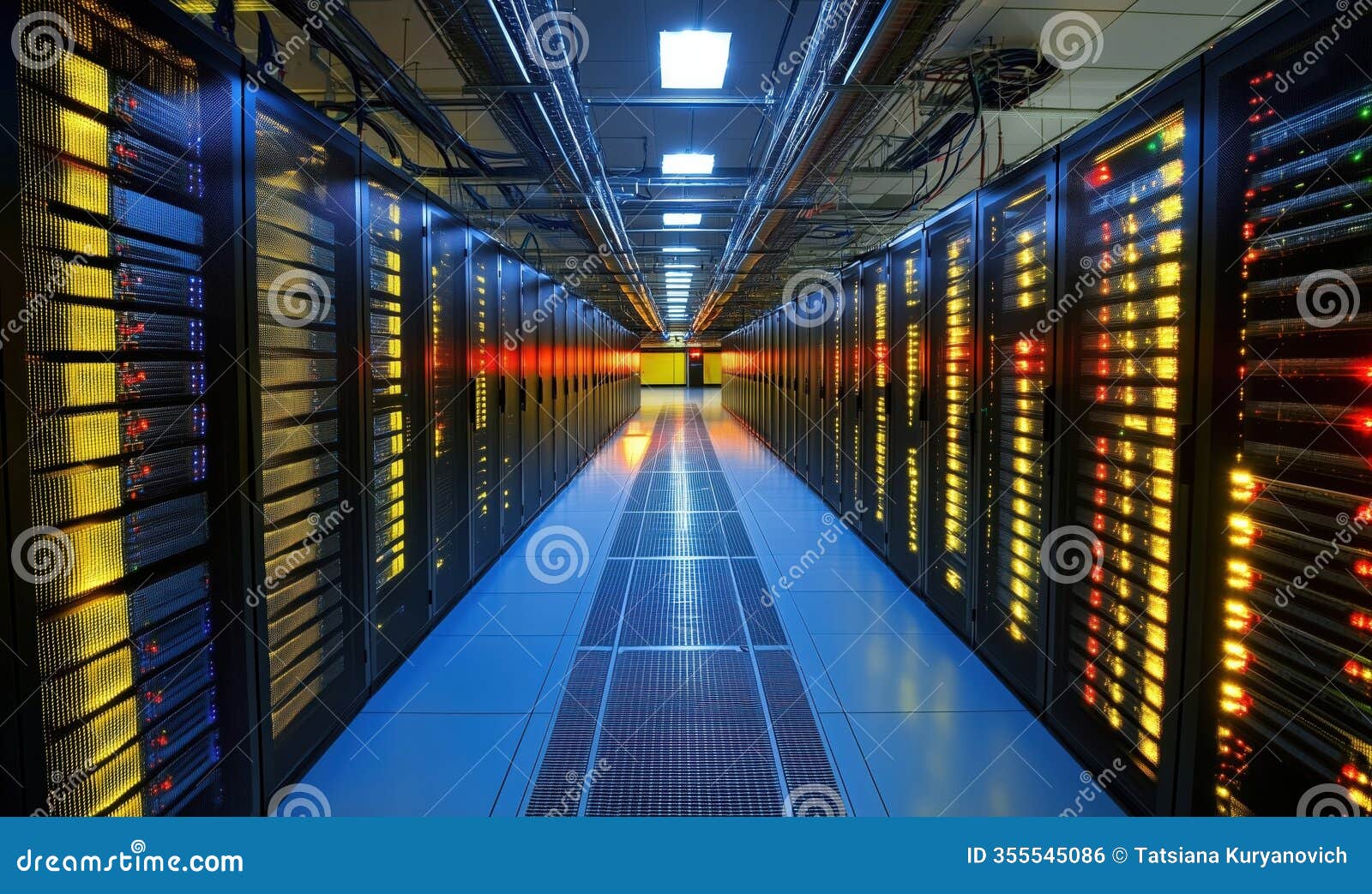 Data Center Corridor with Illuminated Server Racks Showcasing Advanced ...
