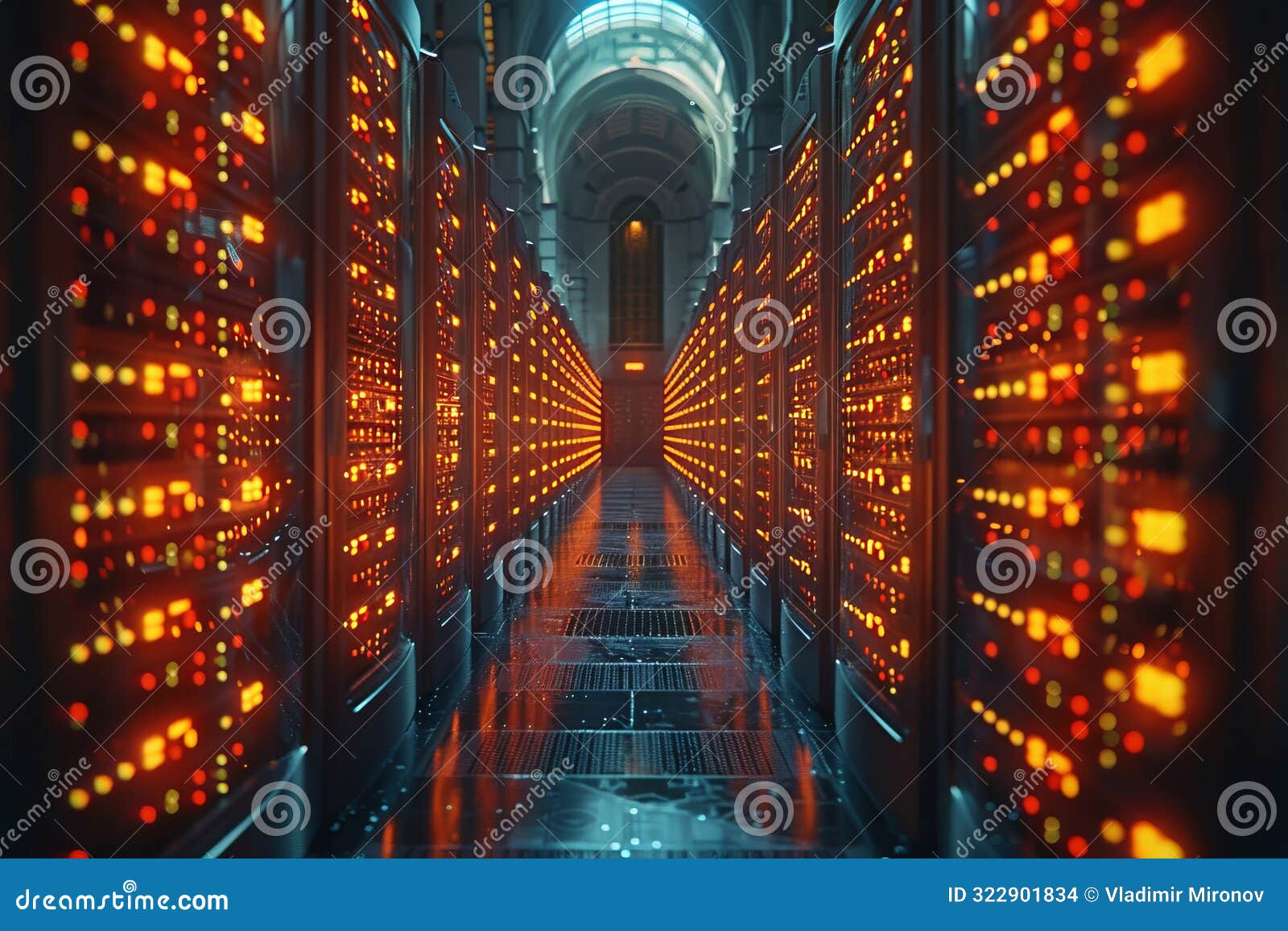 The Data Center Corridor is Lit with Servers Emitting Light, Showcasing a Futuristic ...