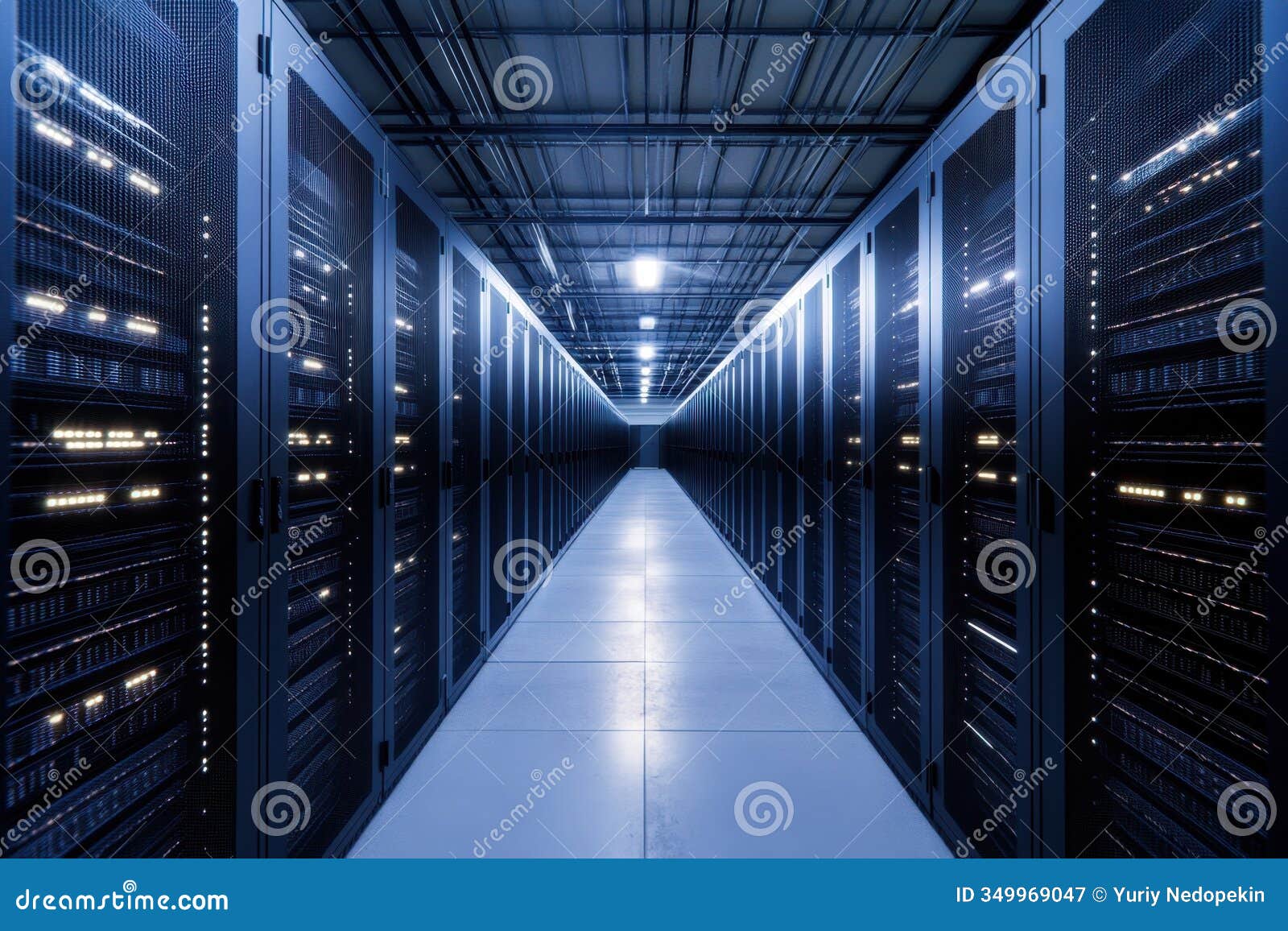 Data Center Corridor with Rows of Server Racks Illuminated in Blue ...