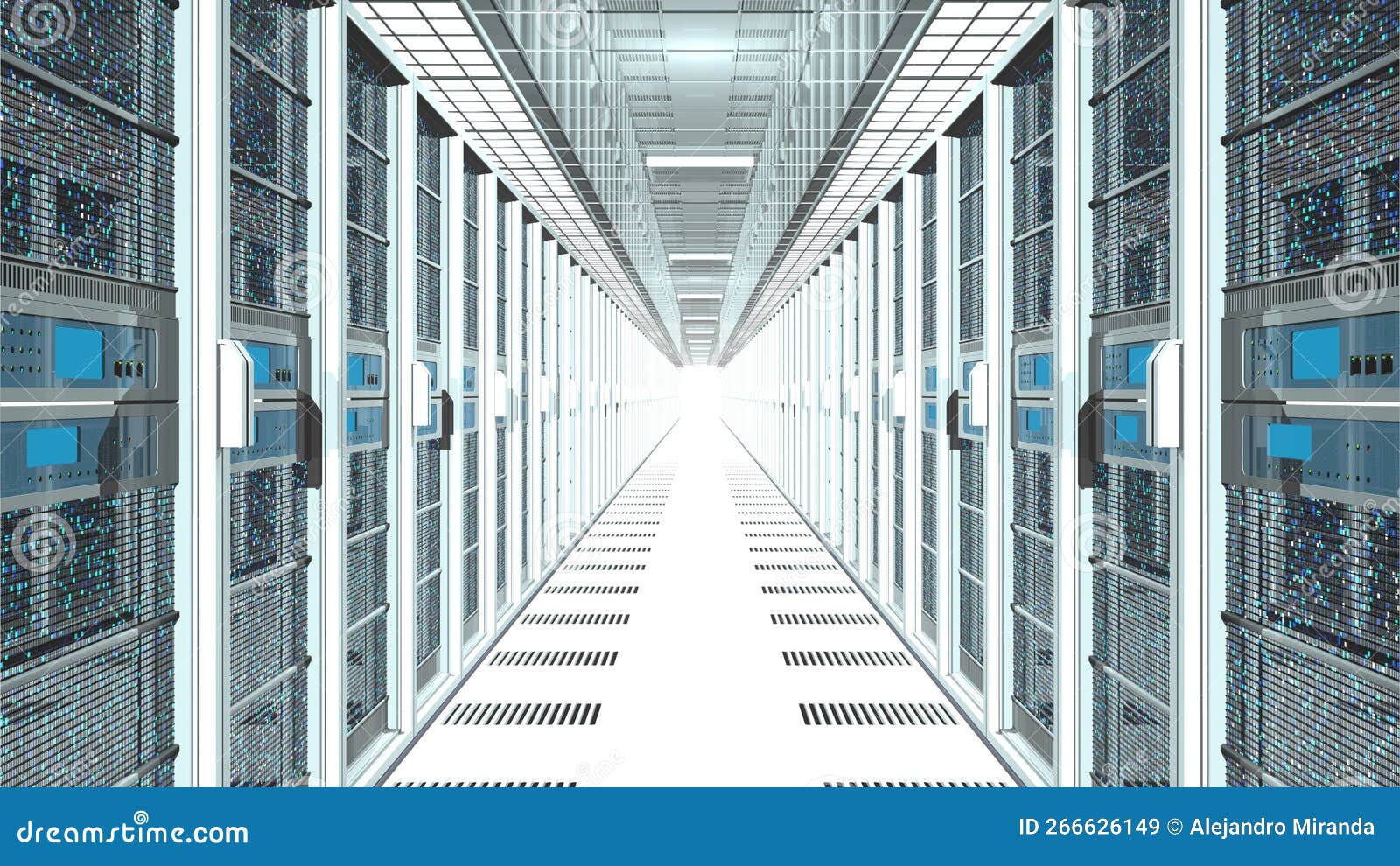 Data Center Corridor with White Servers with Blue Lights Projecting To ...