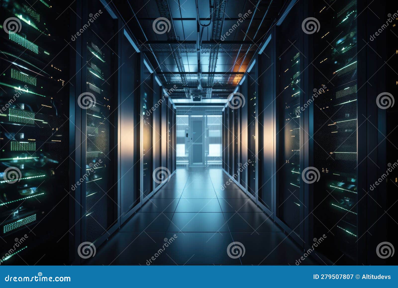 Data Center with Endless Rows of Server Racks and Blinking Lights Stock ...
