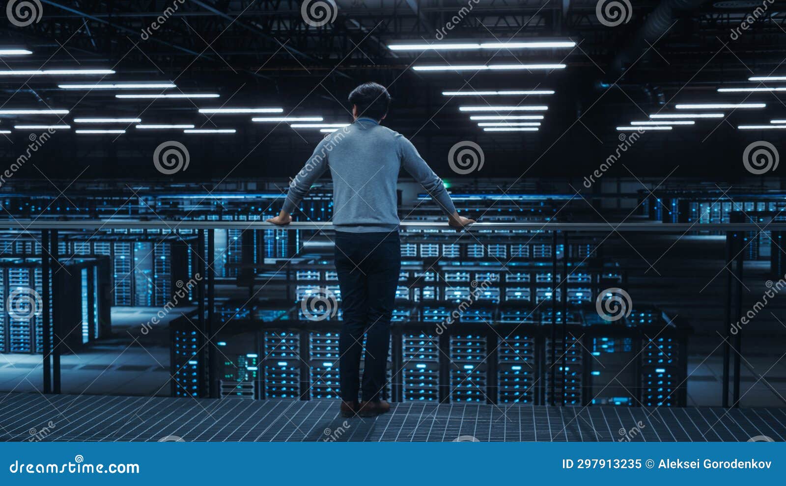 Data Center Engineer Looking Down from a Balcony on Server Farm Cloud ...