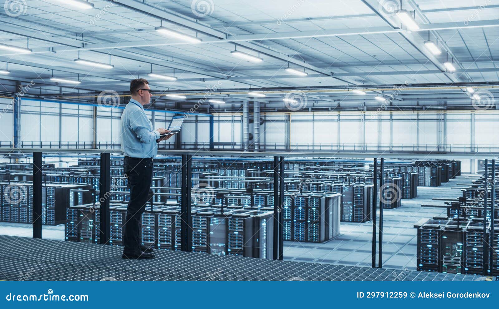 Data Center Engineer Using Laptop Computer. Server Farm Cloud Computing ...