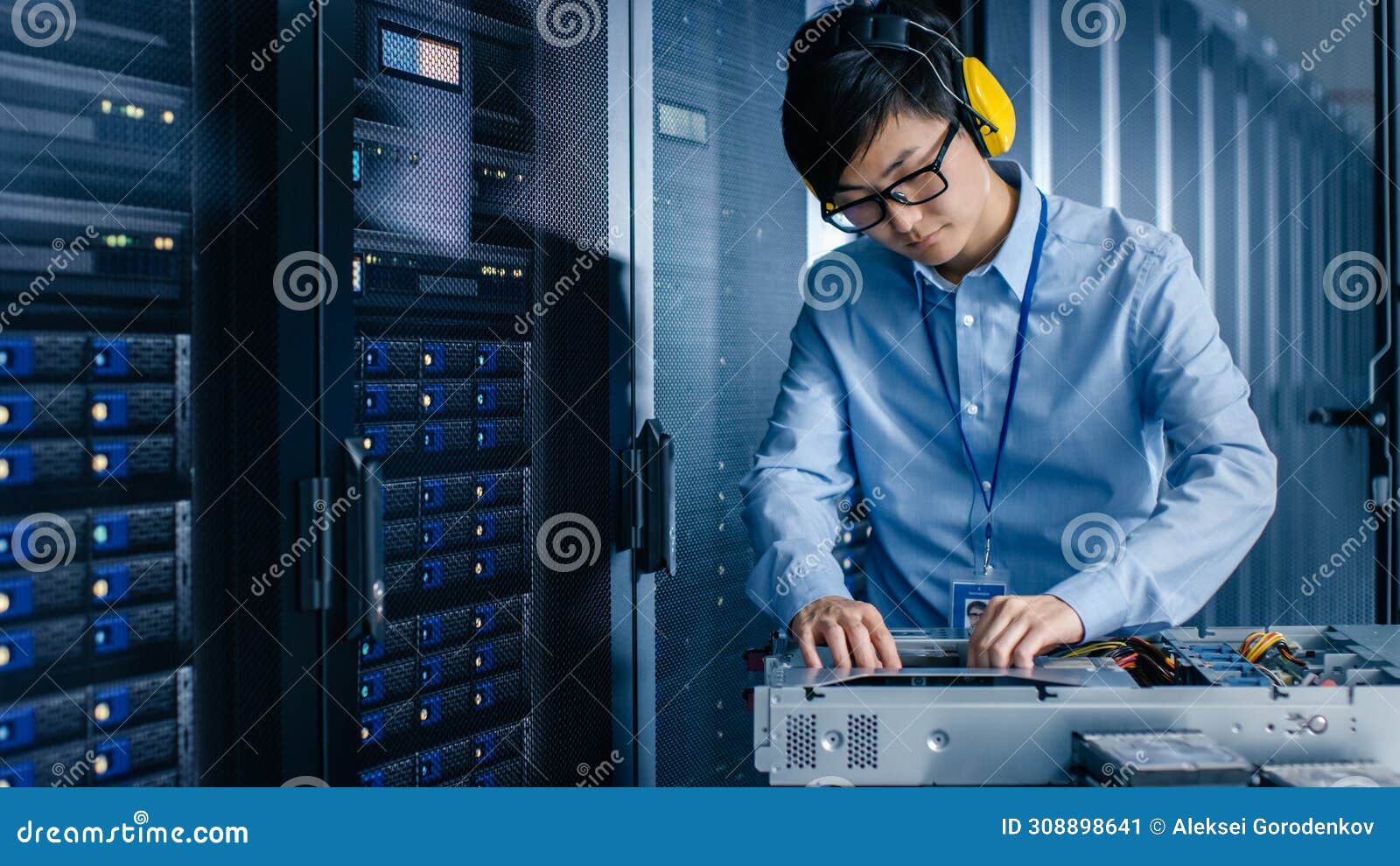 In Data Center: it Engineer Wearing Protective Muffs Installs New ...