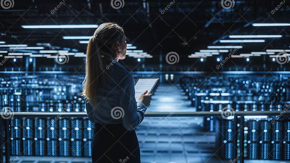 Data Center Female Programmer Using Tablet Computer, Maintenance it Specialist. in Cloud ...