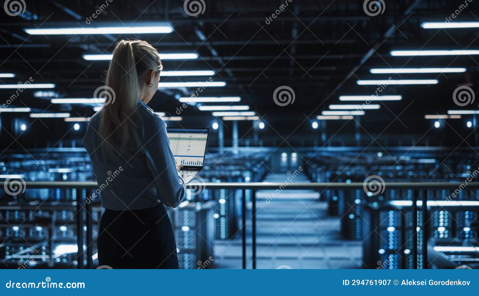 Data Center Female it Specialist Uses Laptop Computer. Cloud Computing ...