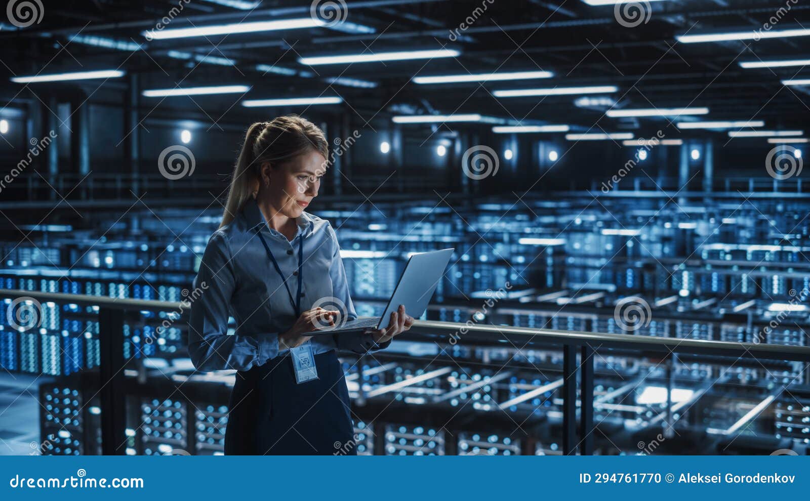 Data Center Female it Specialist Using Laptop. Server Farm Cloud ...