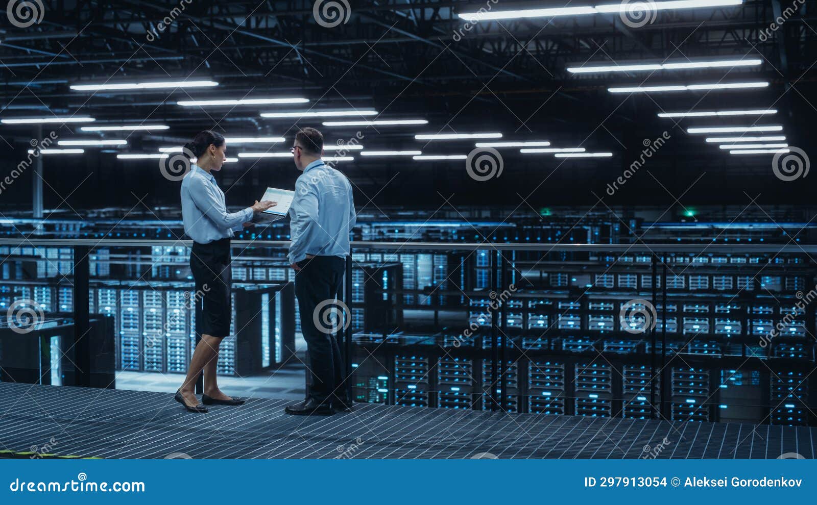 Data Center Female System Administrator and Male it Specialist Talk ...