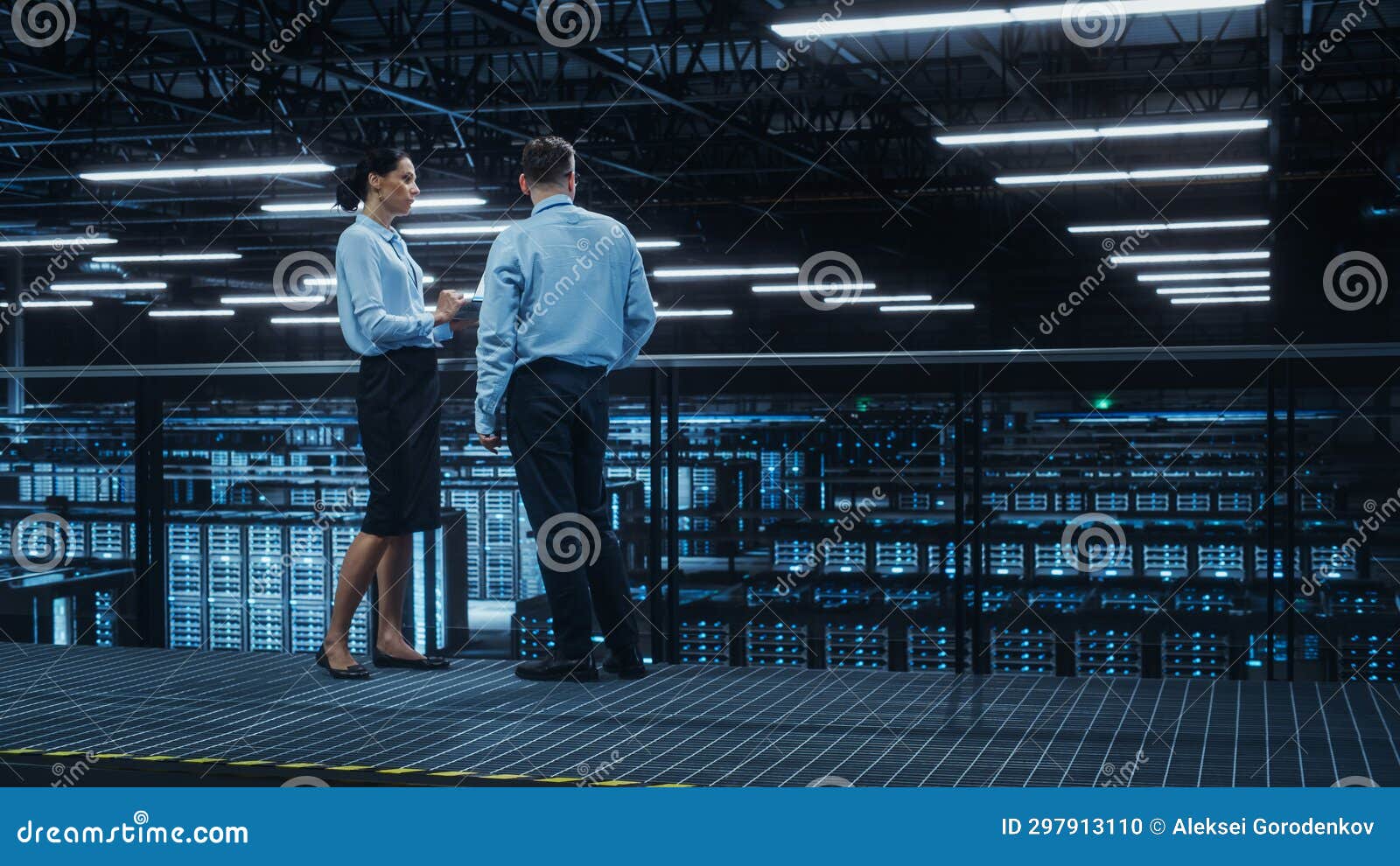 Data Center Female System Administrator and Male it Specialist Talk ...