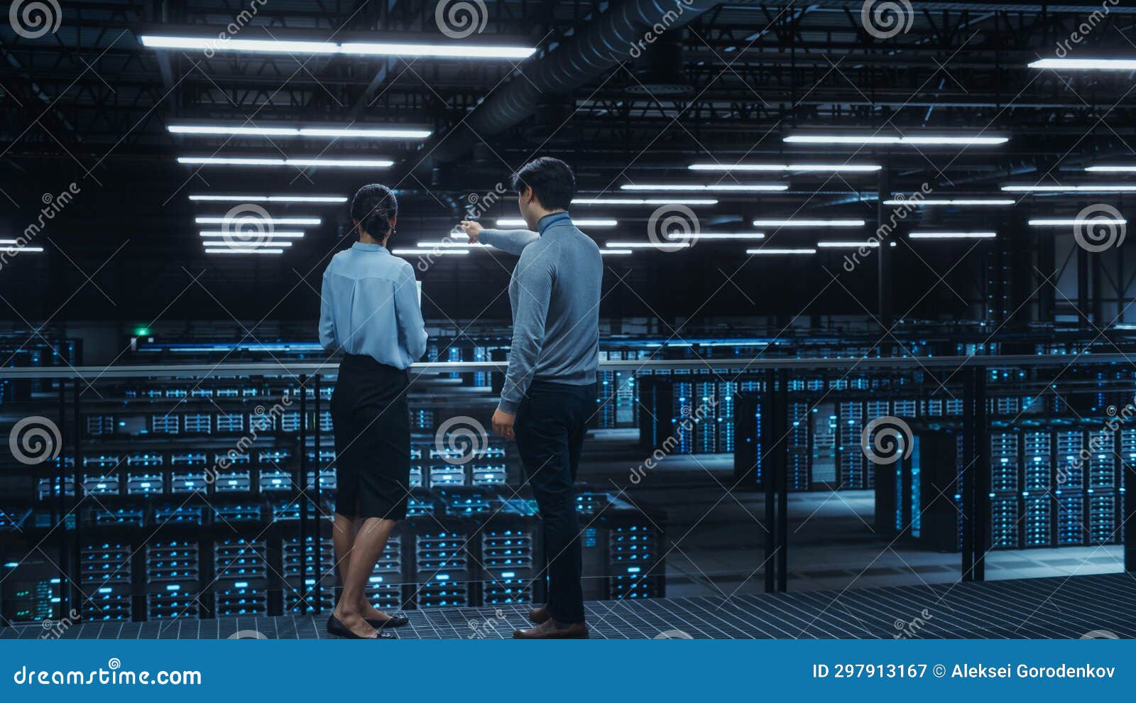 Data Center Female System Administrator and Male it Specialist Talk ...