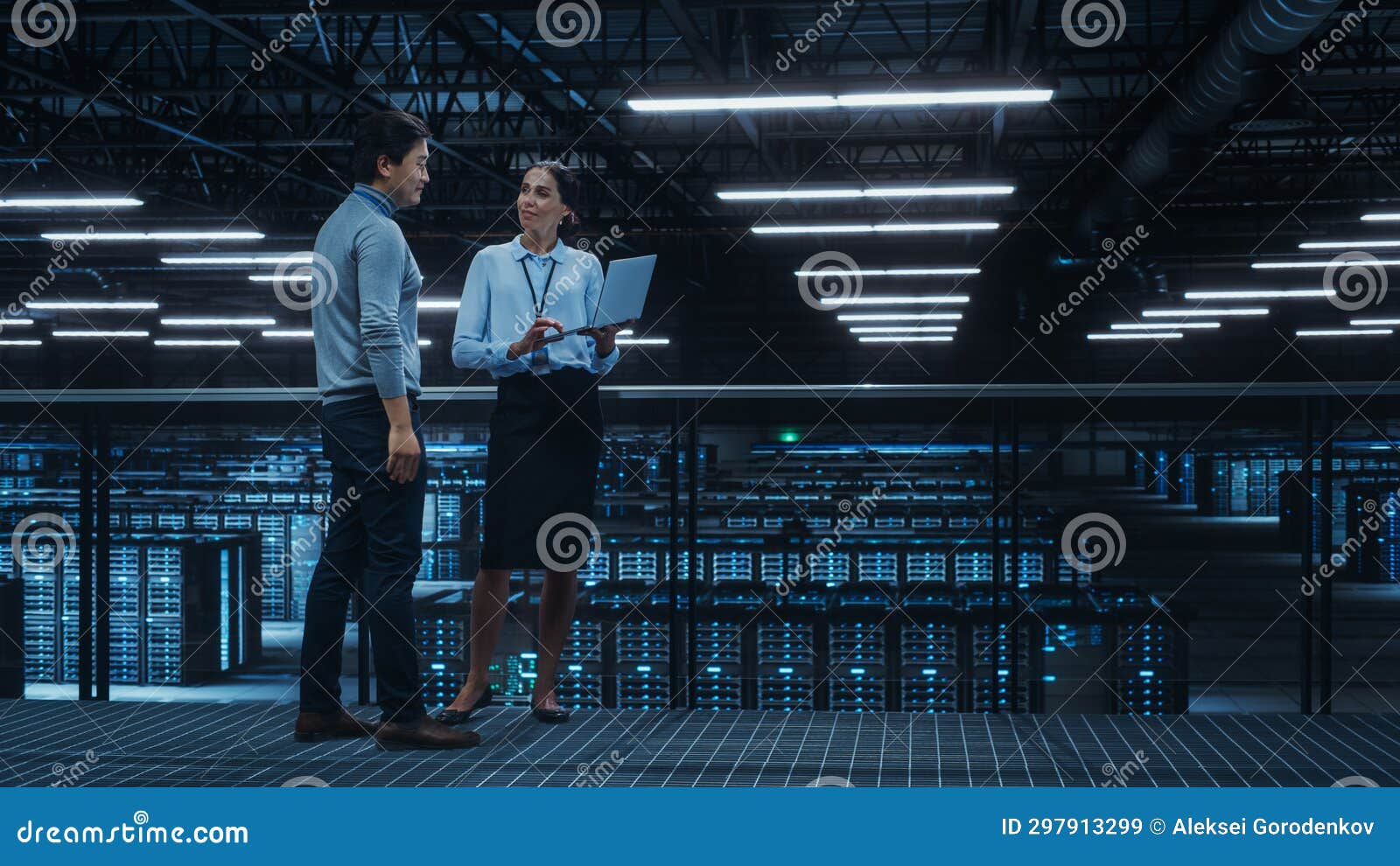 Data Center Female System Administrator and Male it Specialist Talk ...
