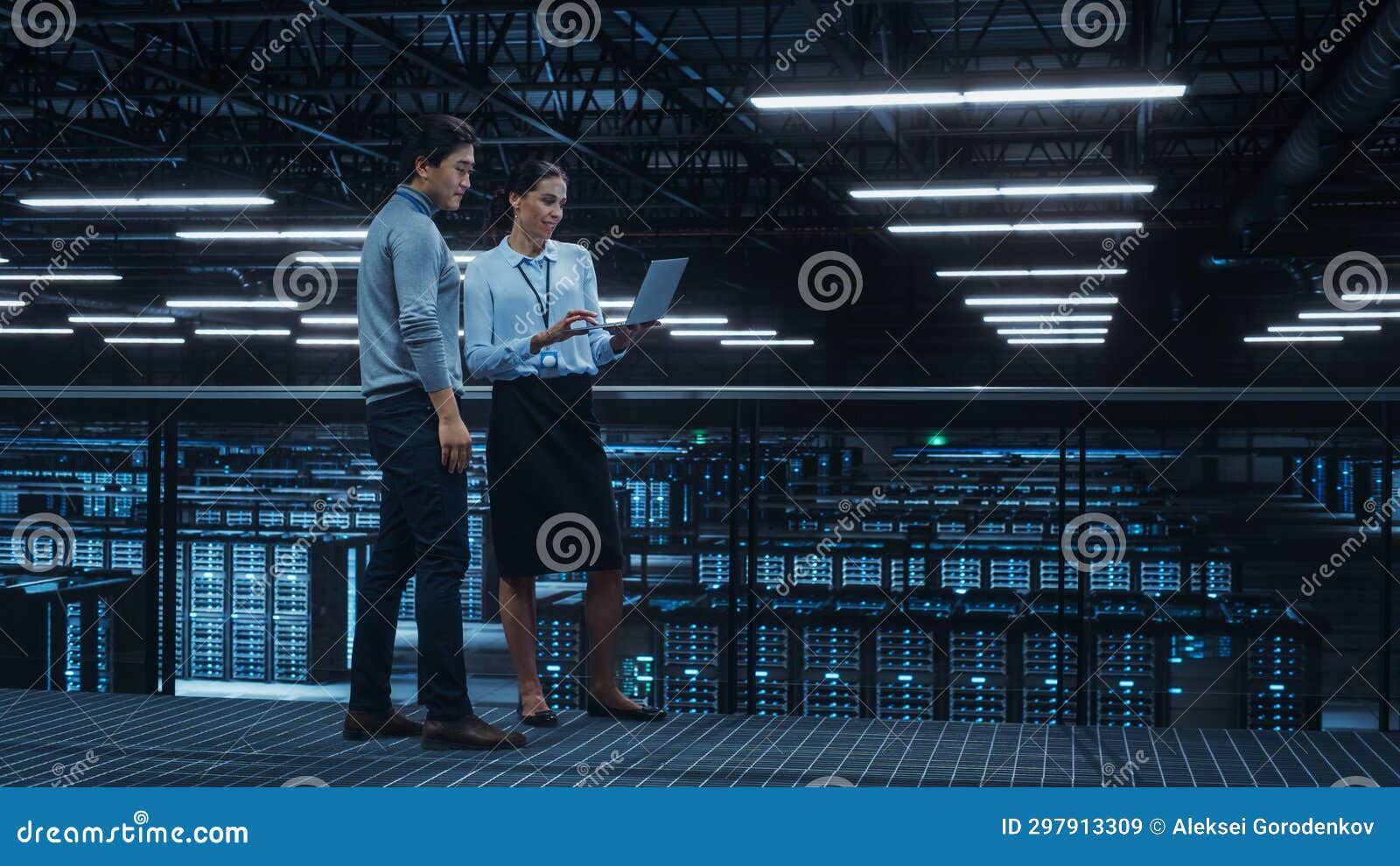 Data Center Female System Administrator and Male it Specialist Talk ...