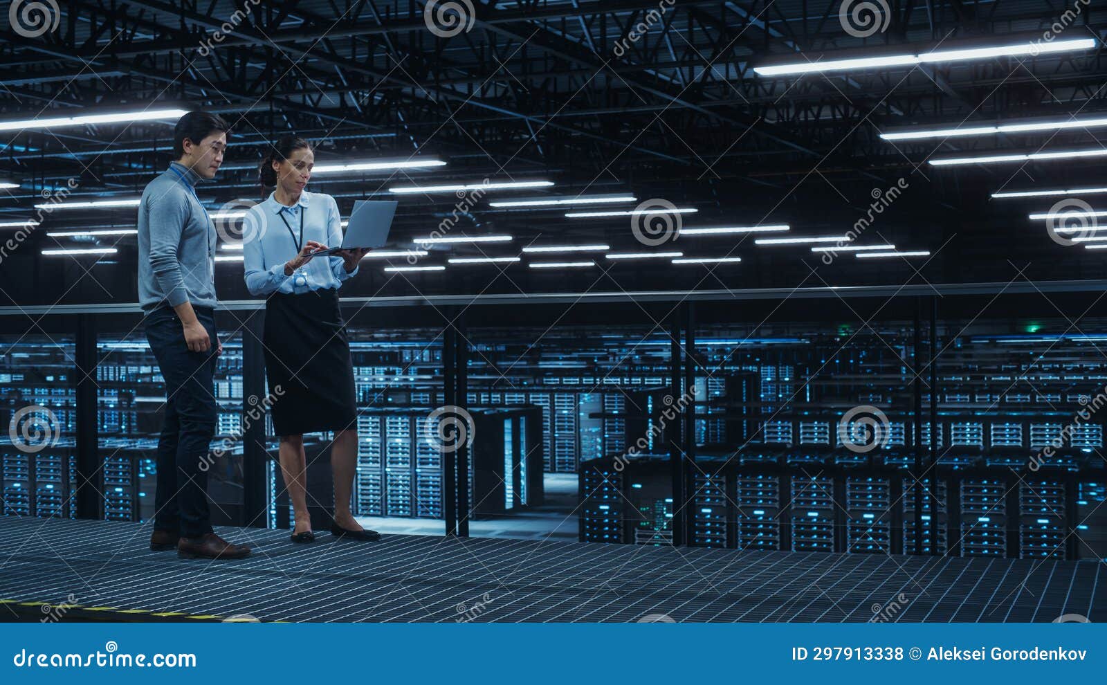 Data Center Female System Administrator and Male it Specialist Talk ...