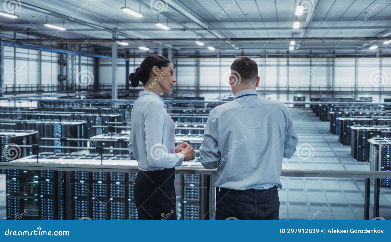 Data Center Female System Administrator and Male it Specialist Talk ...