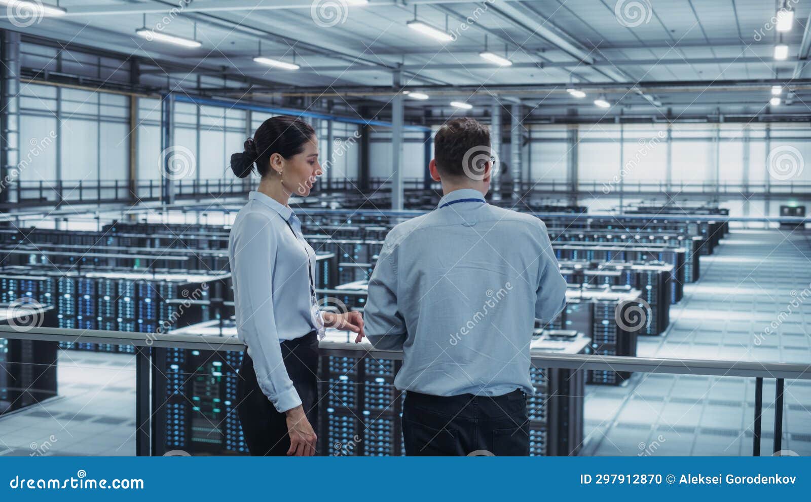 Data Center Female System Administrator and Male it Specialist Talk ...