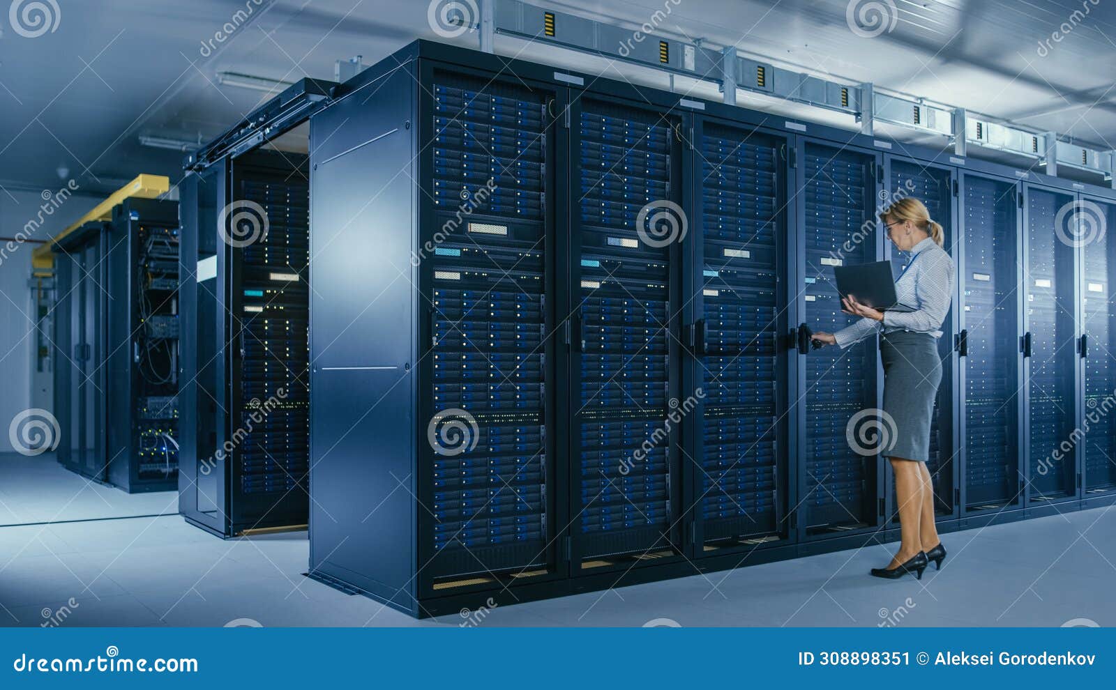 In Data Center: Female it Technician Opens Rack Cabinet and Runs ...
