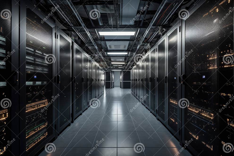 Data Center with Floor-to-ceiling Racks of Servers and Blinking Lights ...